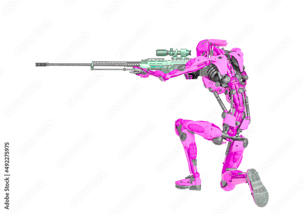 mechanical soldier is holding a rifle on sniper kneel pose Stock ...