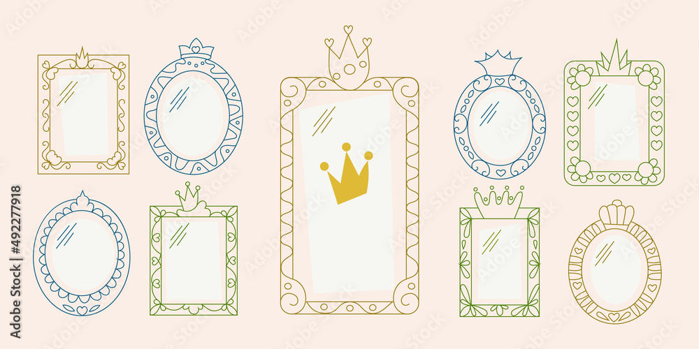Princess mirrors with crown or tiara line vector illustration set ...
