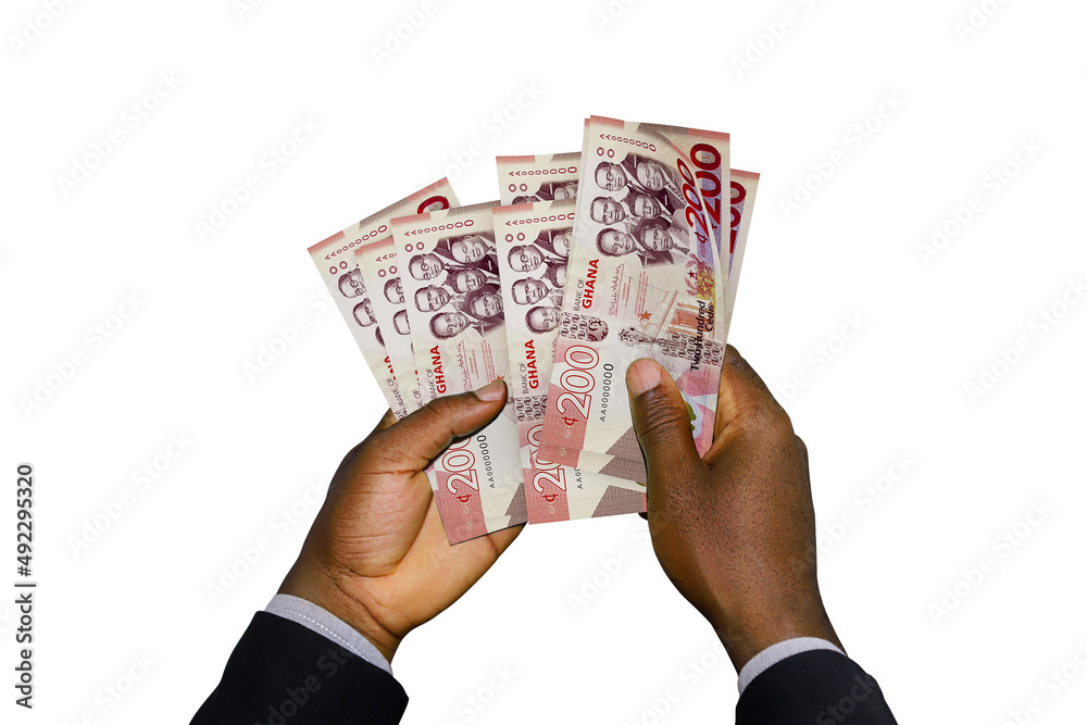 Black Hands in suit holding 3D rendered Ghanaian cedi notes Stock ...