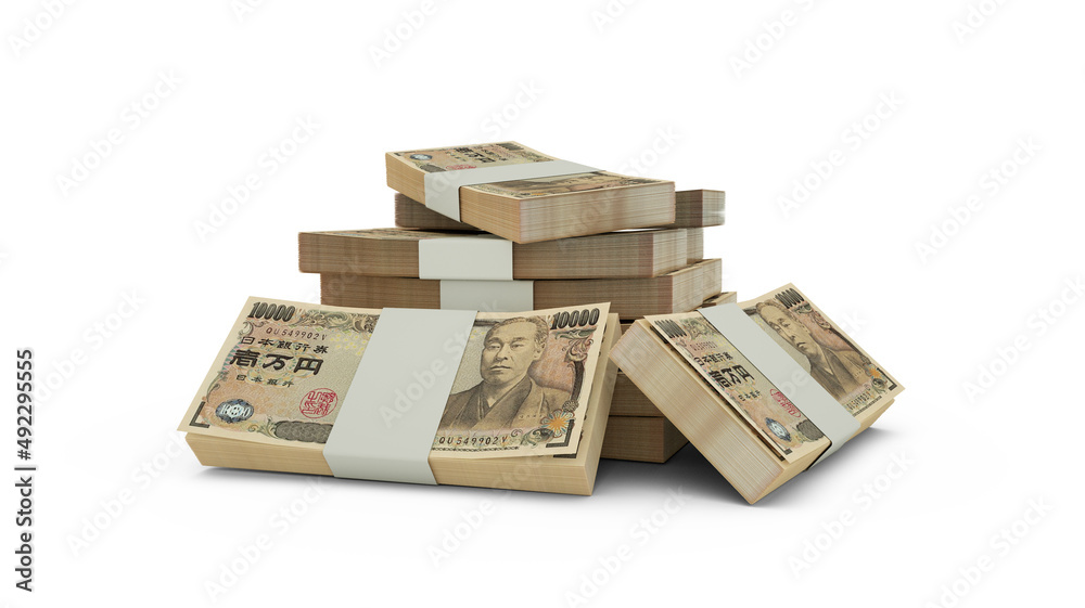 3d rendering of Stack of 10000 Japanese Yen notes. bundles of Japanese ...
