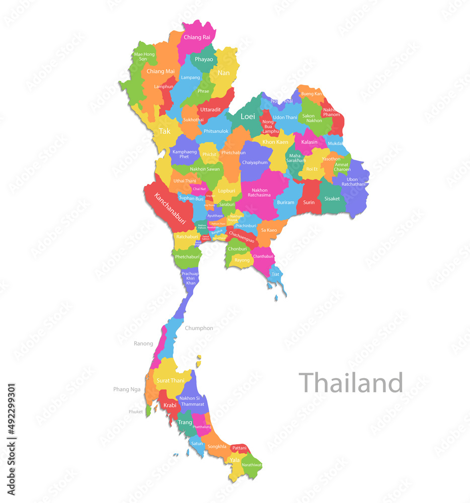 Thailand map, individual regions with names, administrative division ...