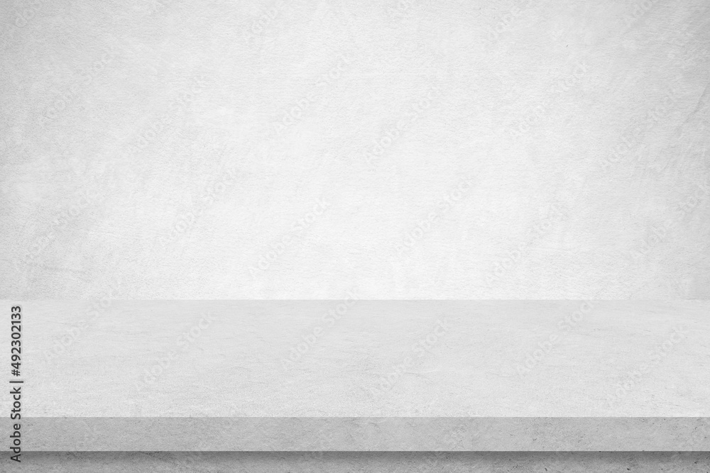 Empty white cement table over white cement concrete wall background ...