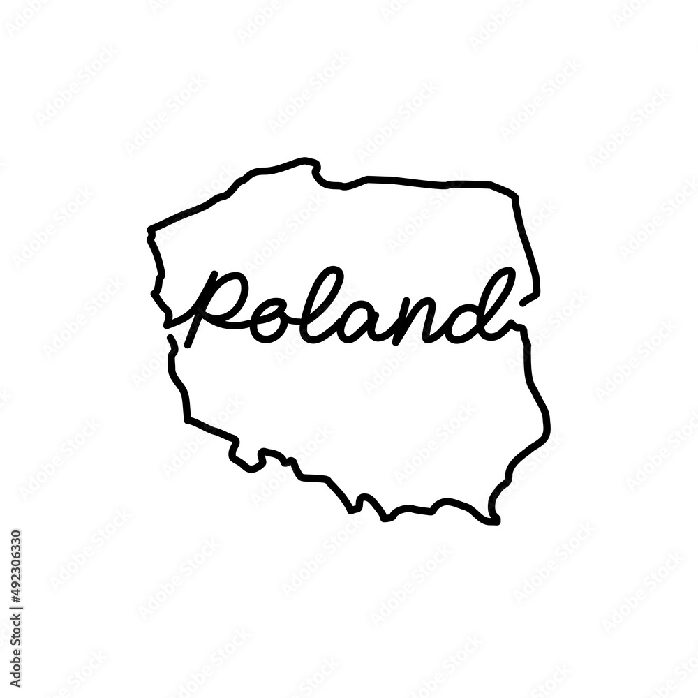 Poland outline map with the handwritten country name. Continuous line ...