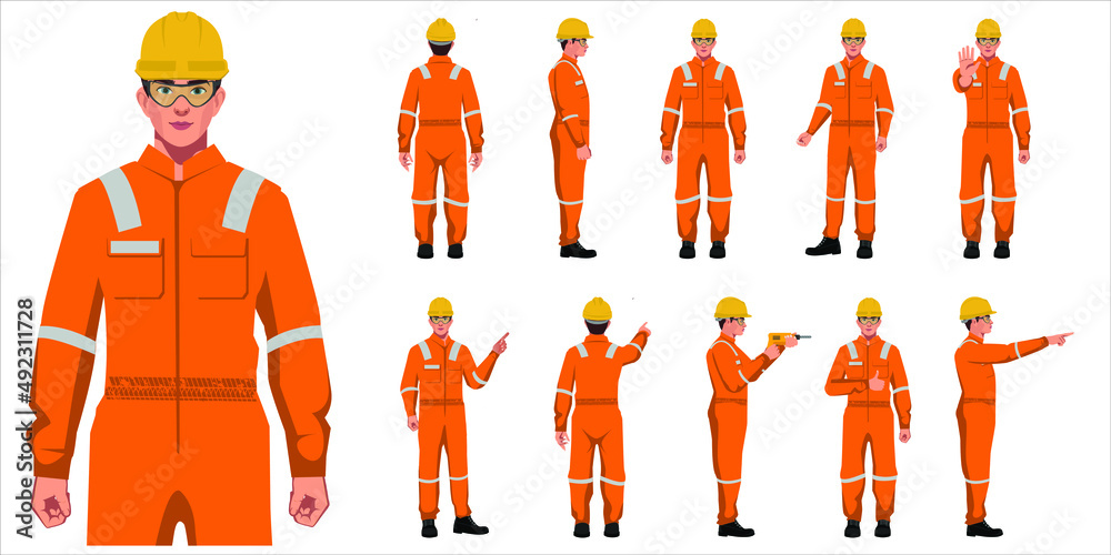 set of industrial worker on orange uniform characters in white ...