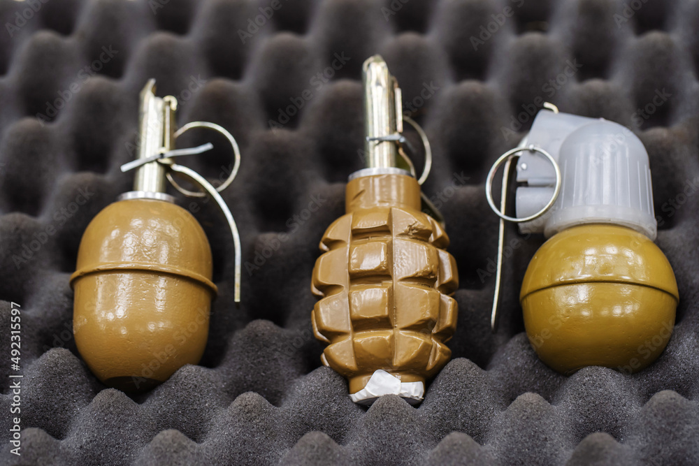 Combat grenades of various types and shapes. Explosive ammunition for ...