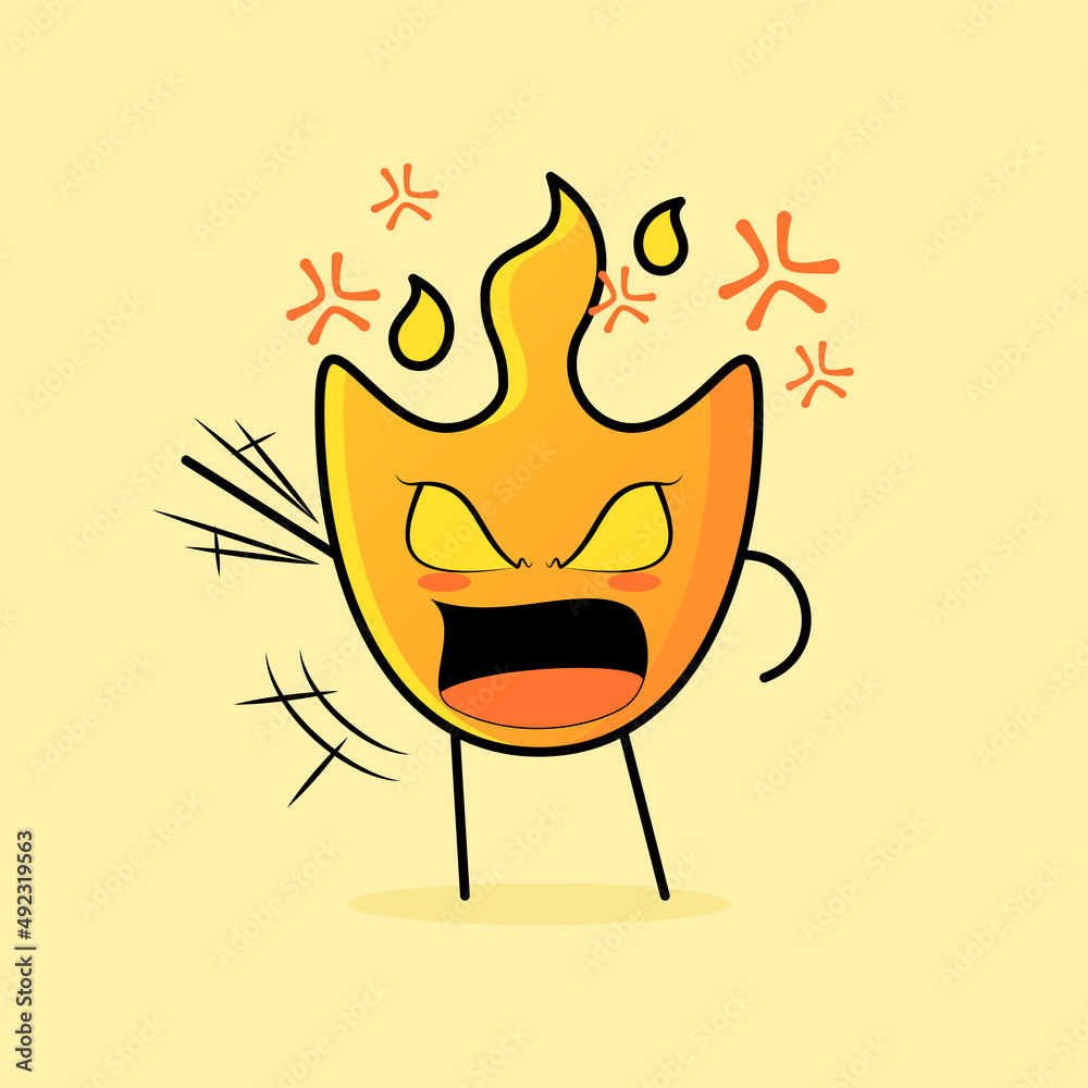 cute fire cartoon with very angry expression.mouth open, hand shaking ...