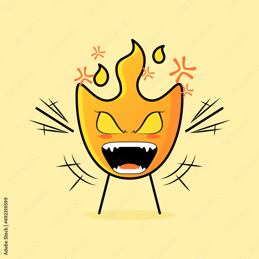 cute fire cartoon with very angry expression. hands shaking, mouth open ...