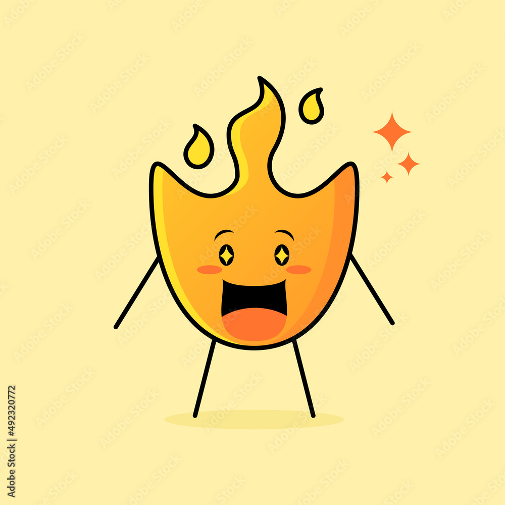 cute fire cartoon with happy expression. mouth open and sparkling eyes ...