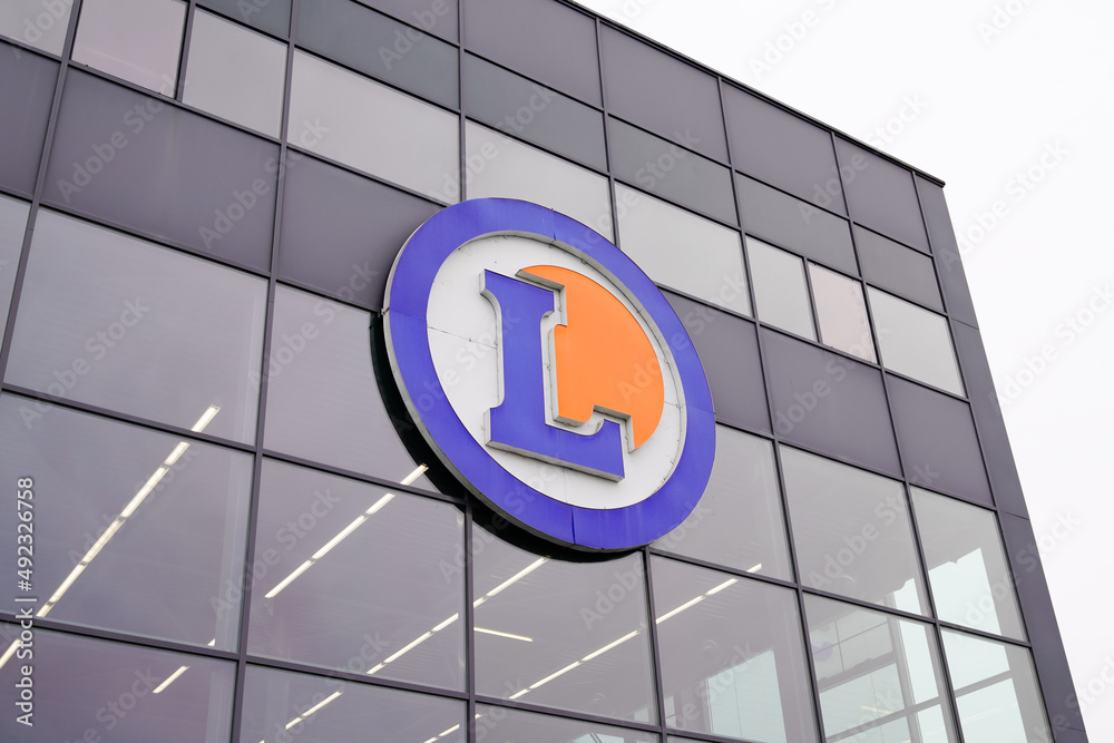 E.Leclerc sign text and logo brand front of supermarket leclerc store ...