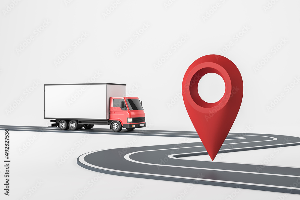 Truck on road and location marker, white background. Mockup Stock Photo ...