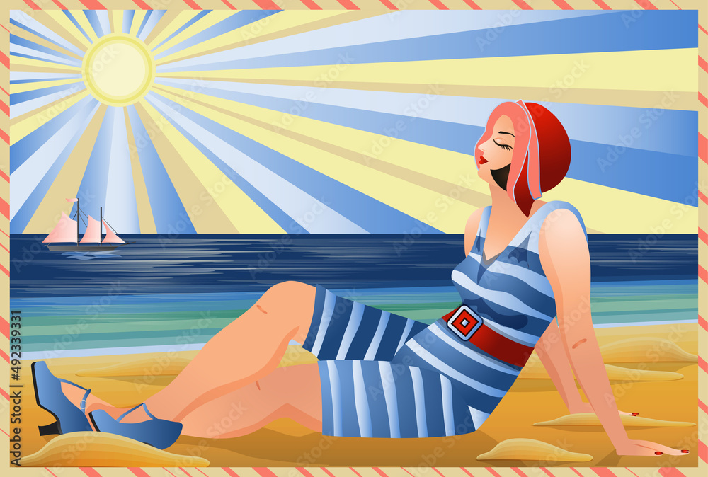 Summer art deco girl sunbathing on the beach , vector illustration ...