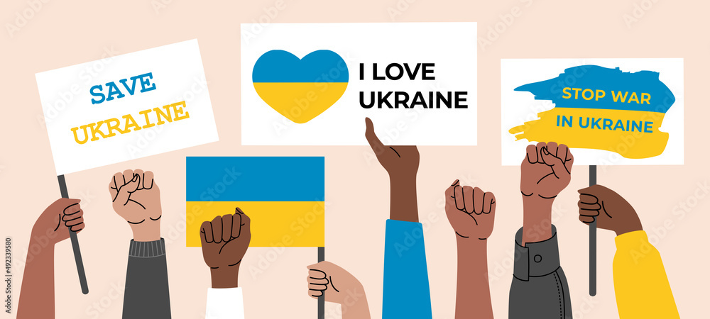 Crowd of people holding posters STOP WAR IN UKRAINE, SAVE UKRAINE and ...
