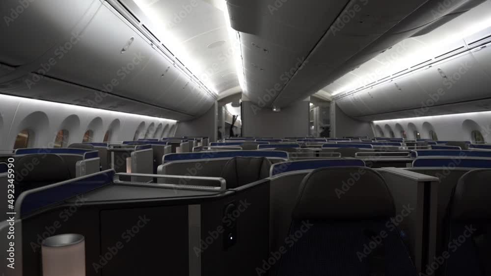 Dolly across the first class cabin and seats of a 787 widebody ...