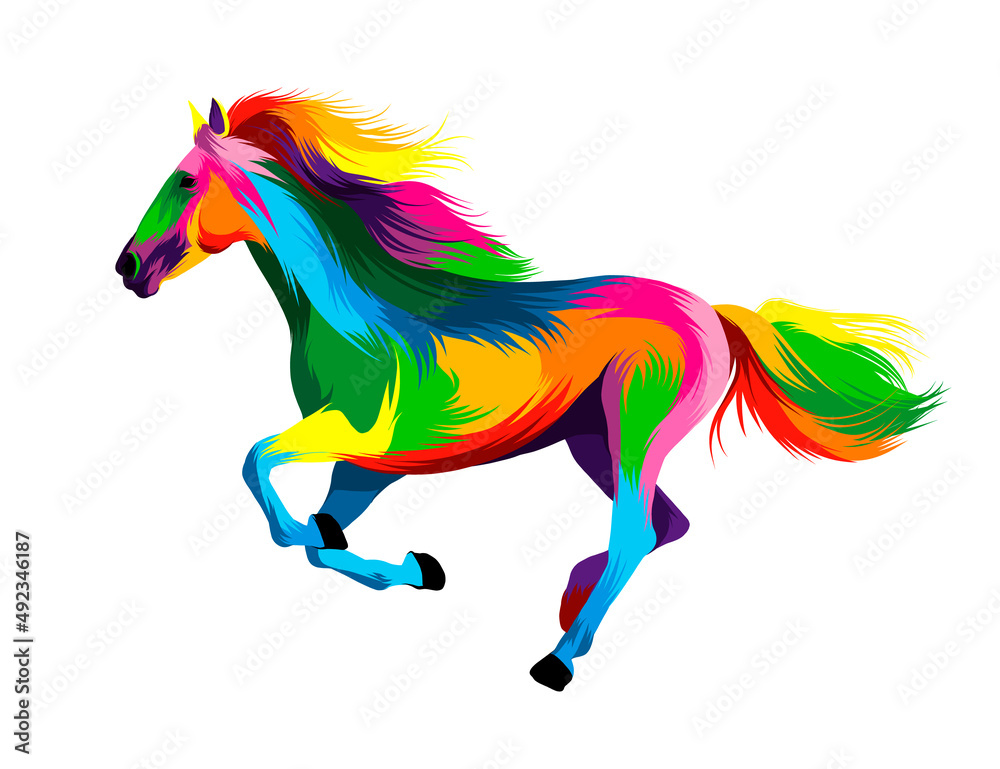 Abstract horse running at a gallop from multicolored paints. Colored ...