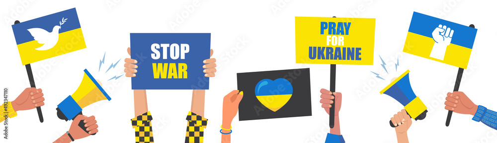 I support Ukraine. Hands holding signs, flags of Ukraine, posters ...