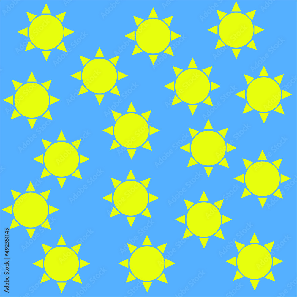 Yellow sunshine pattern illustration. Vector art with blue background ...