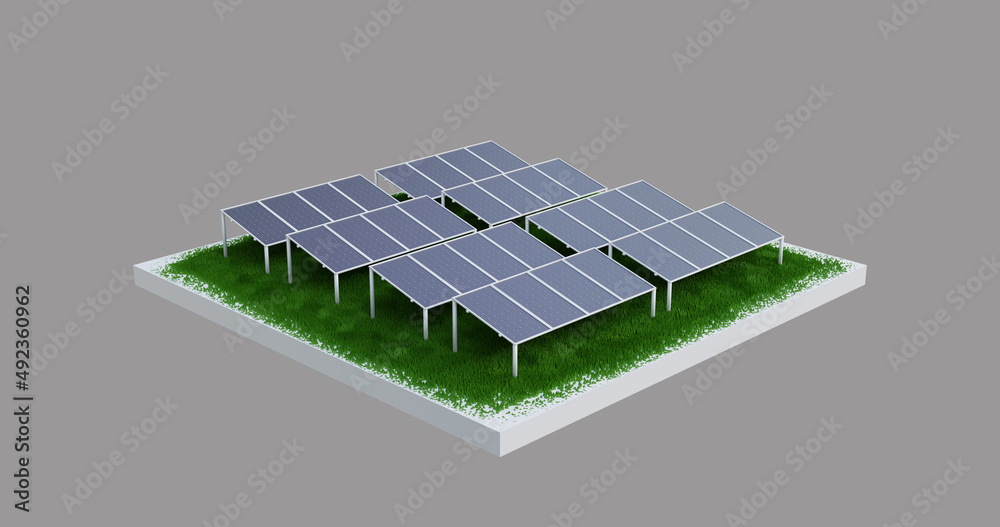 3d illustration side view of a stylized solar farm, solar battery ...