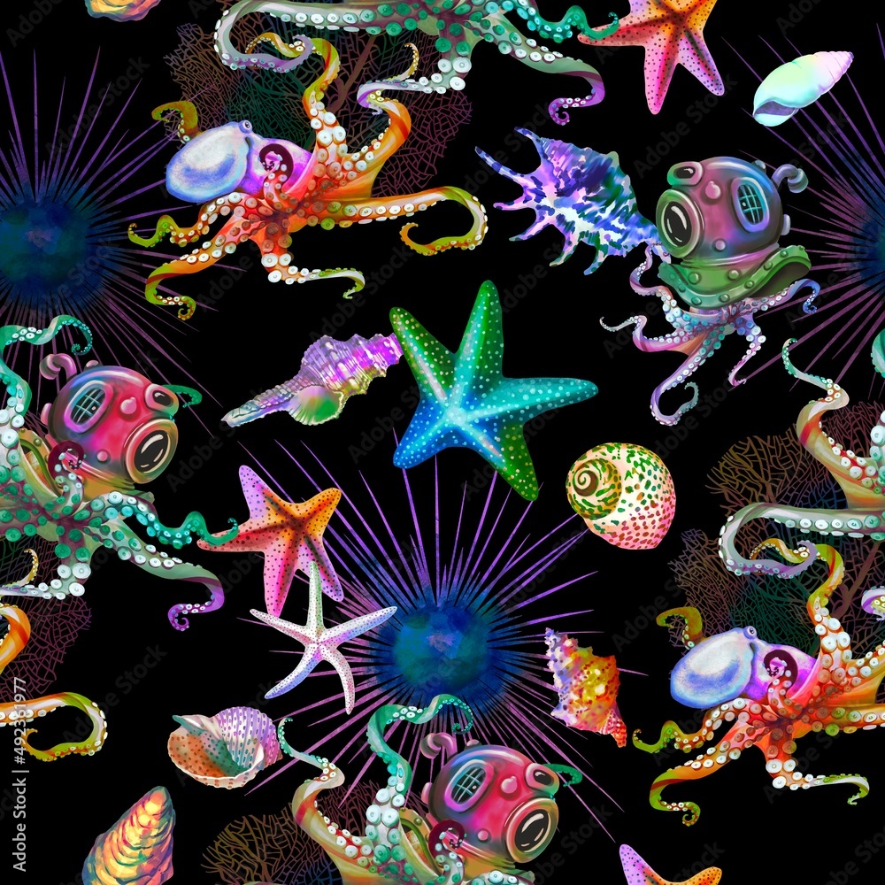 watercolor seamless drawing of sea creatures. Octopuses, starfish and ...
