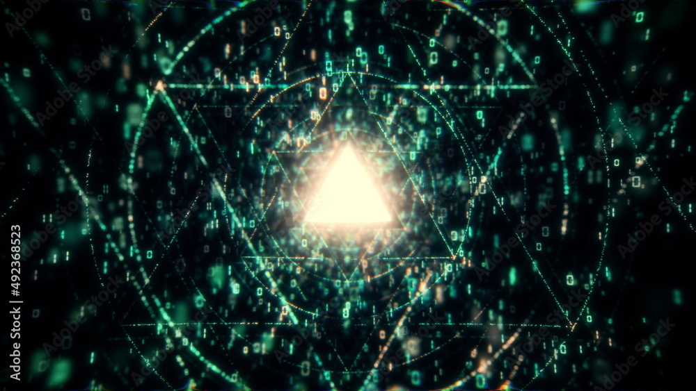 Big Data Digital Tunnel triangle with futuristic matrix. Network of particles with binary code ...