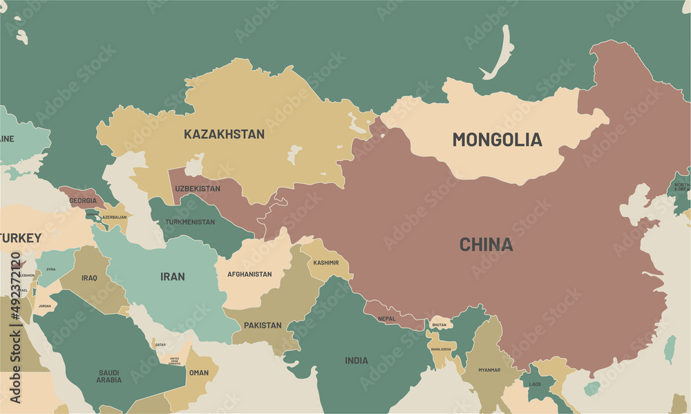 Zoomed map of asia. Country borders are marked with different colors ...