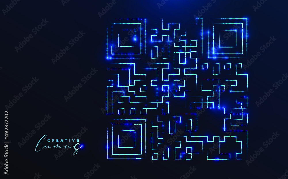QR code icon illuminated with stars and lines. Technology sign, neon ...