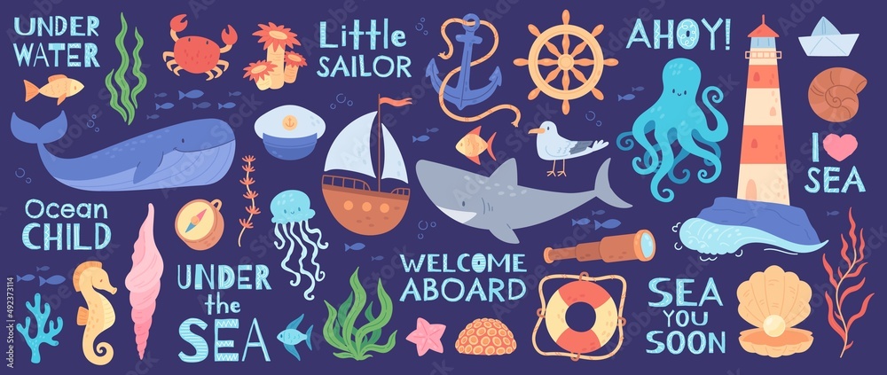 Cute marine animals, sea adventures, ocean elements with funny quotes ...