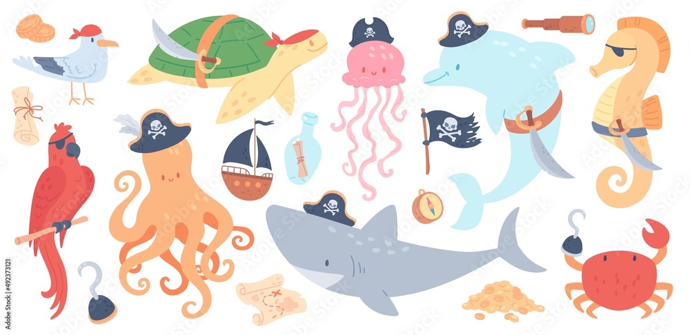 Cute pirate animals with captain hat, marine animal characters in ...