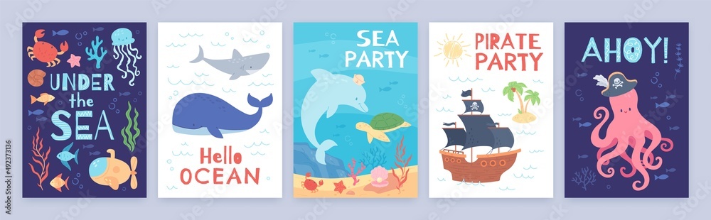 Cute marine animals cards for birthday, children pirate party ...