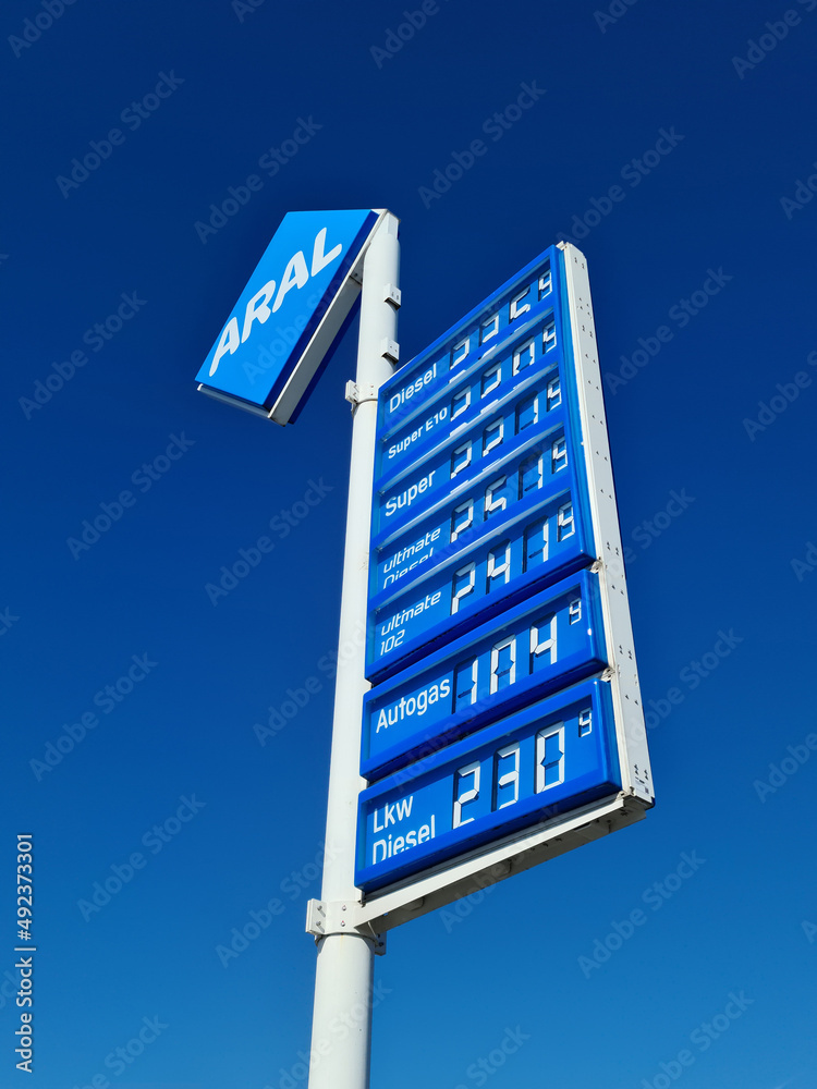 Logo and fuel prices of ARAL in Germany. Aral is a brand of automobile ...
