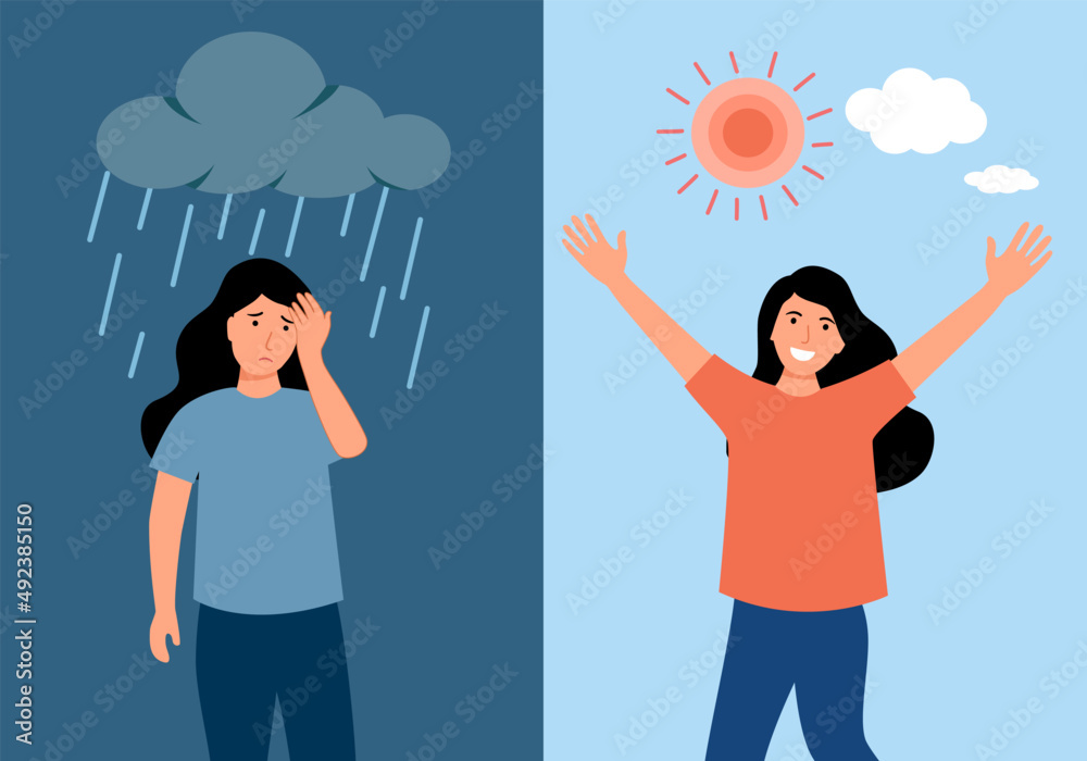 Woman in sad and happy mood in flat design. Positive and negative ...