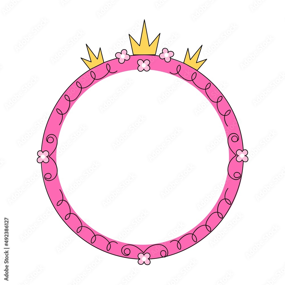 Princess mirror in shape of circle with crown and flowers. Pink frame ...