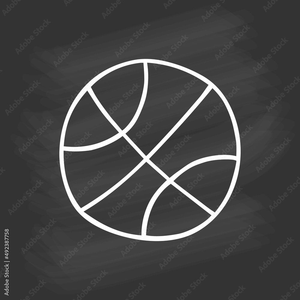 Single hand drawn basketball ball on chalkboard. White outline on black ...