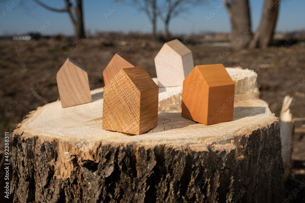 wooden house models on tree stump in the outdoors. concept image for ...