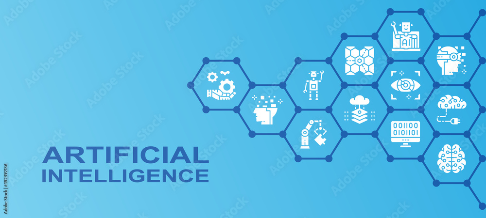 Artificial Intelligence promotion icons banner. Robotics, Chatbot ...