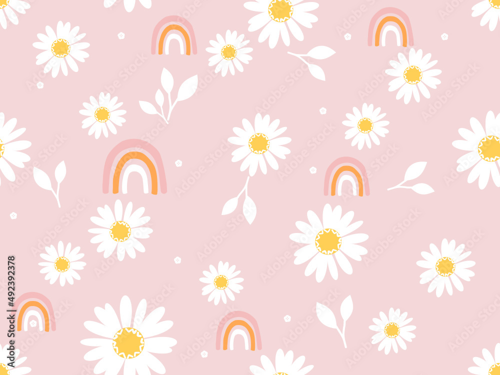 Seamless pattern with daisy flower, rainbows and leaves on pink ...