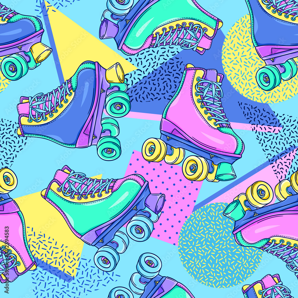 Roller skates pattern 90s illustration. Retro roller skates. 90s ...