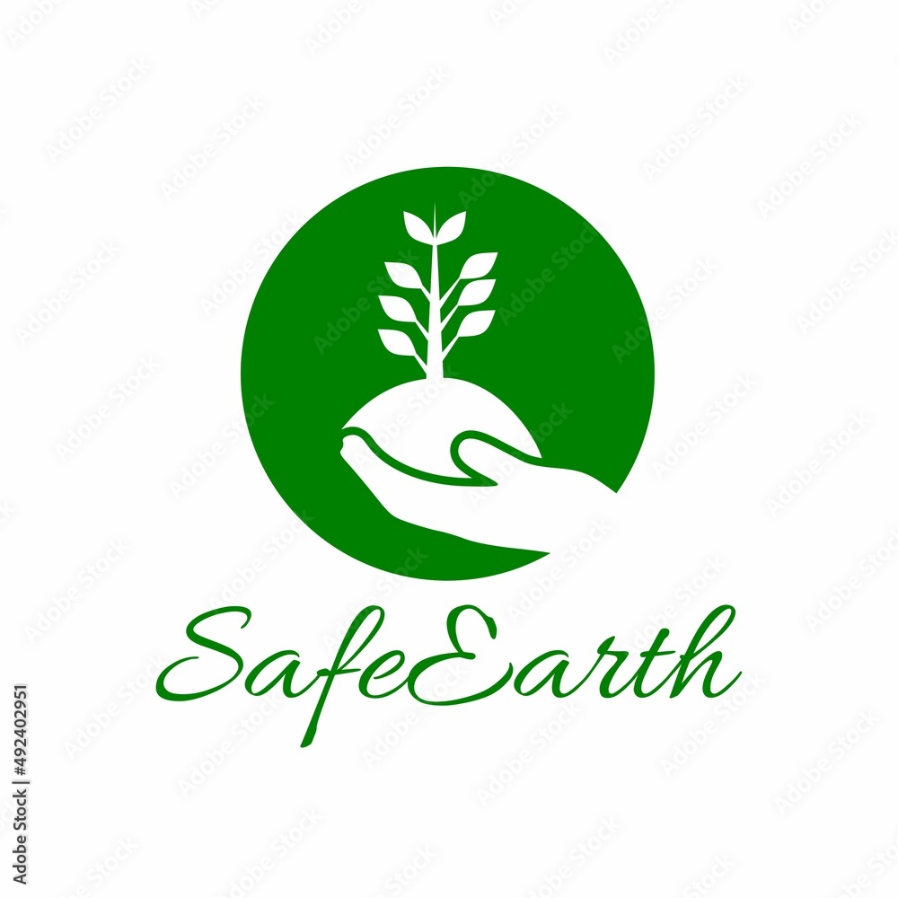 Safe earth vector logo template. This design use hand and plant symbol ...