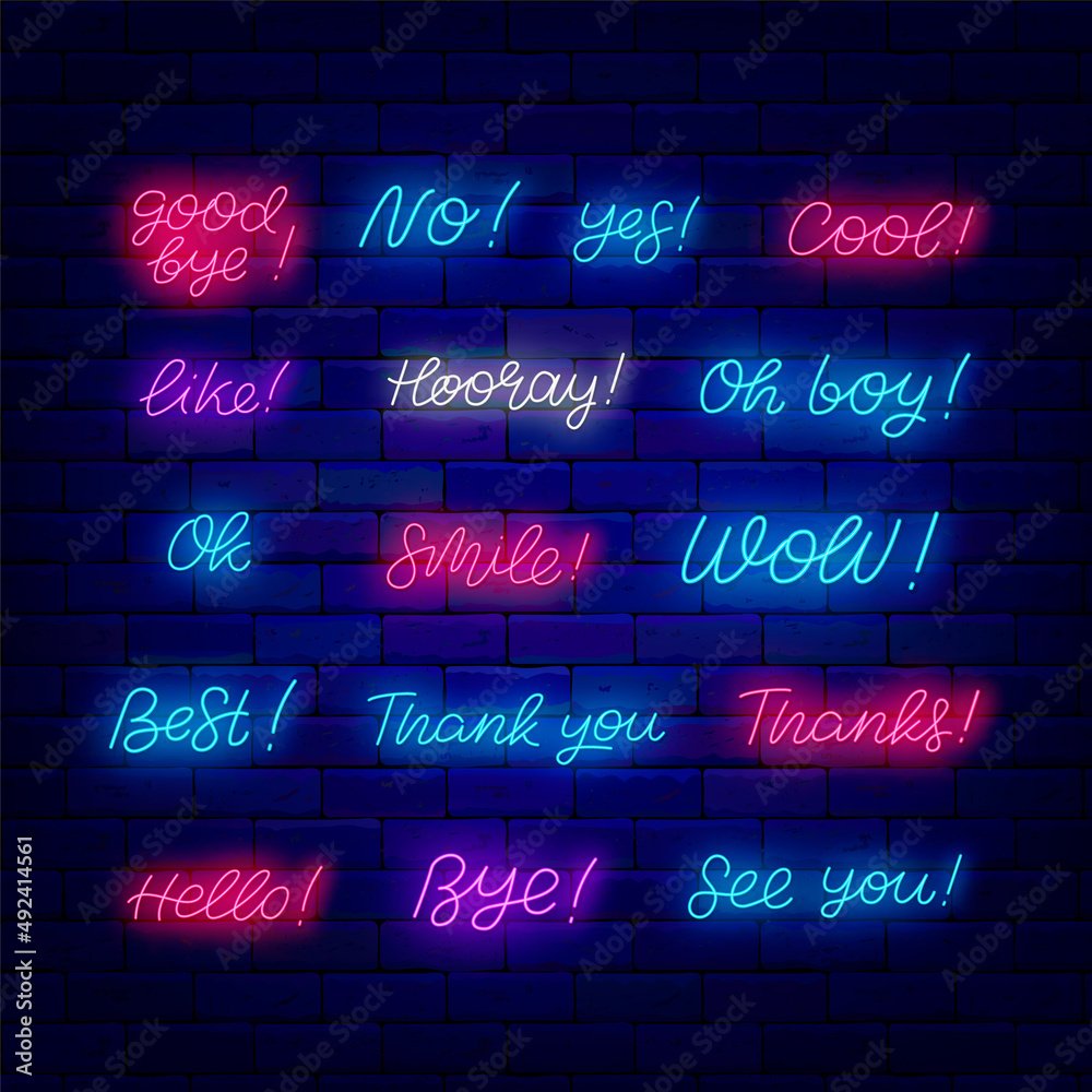 Neon motivational quote collection. Yes and no. Hell, bye and wow ...