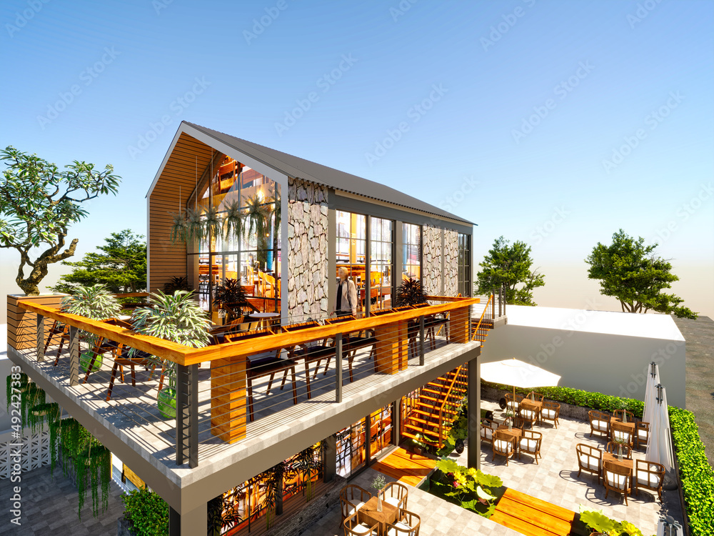 3d render of luxury cafe restaurant exterior view Stock Illustration ...