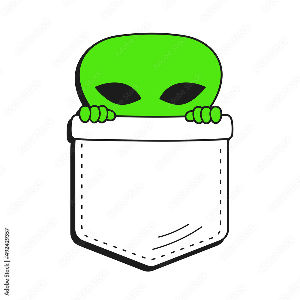 Cute funny alien hide in pocket t-shirt print.Vector cartoon doodle ...