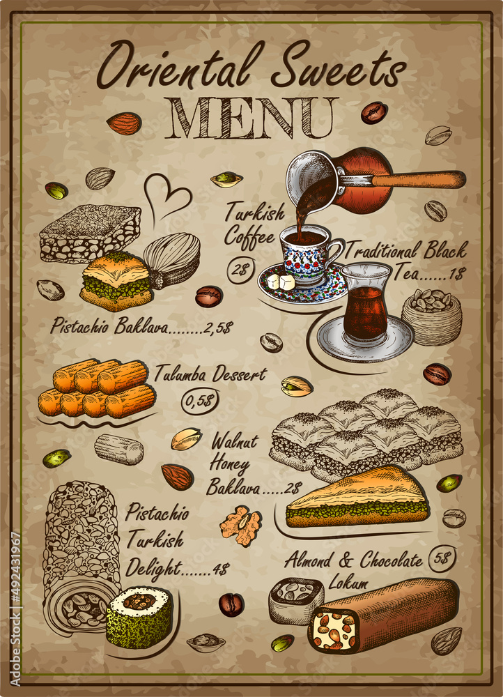 Sketch drawing Oriental Sweets menu. Outline Turkish coffee, black tea ...