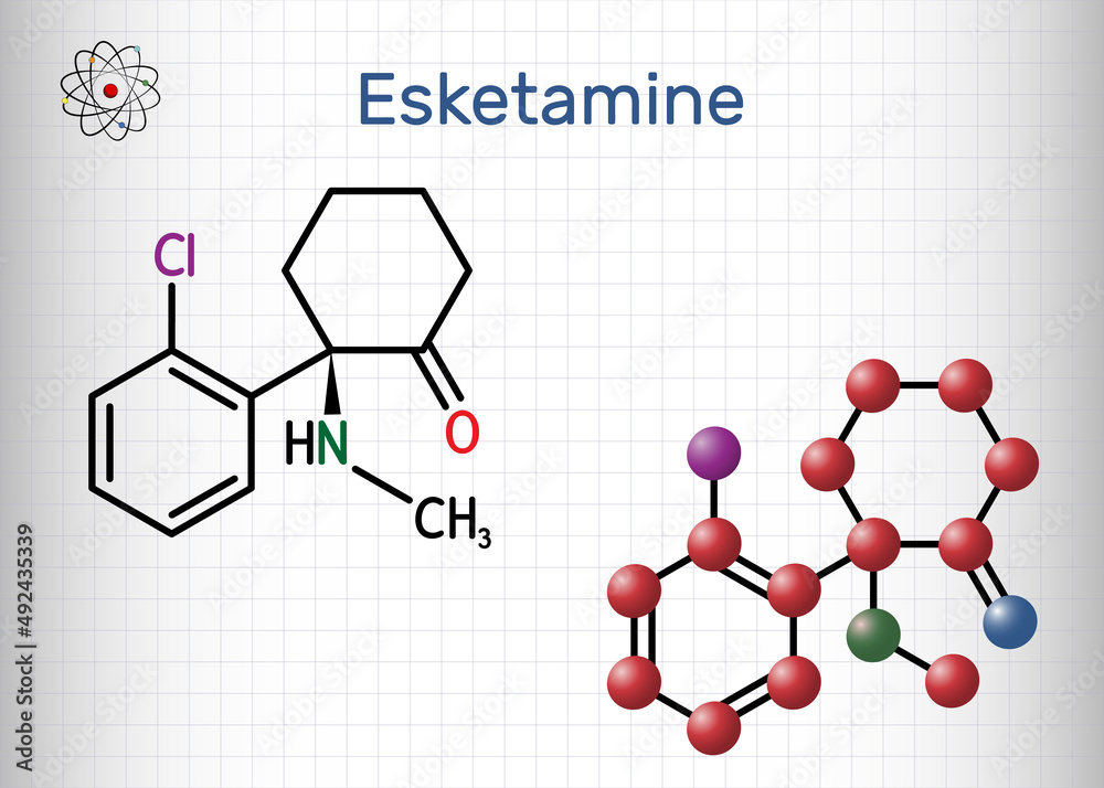 Esketamine molecule. It is the S-enantiomer of ketamine, with analgesic ...