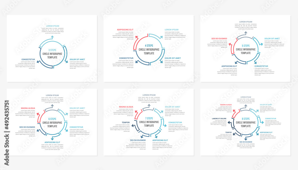 Circle diagram templates set - 3, 4, 5, 6, 7 and 8 elements, circle ...