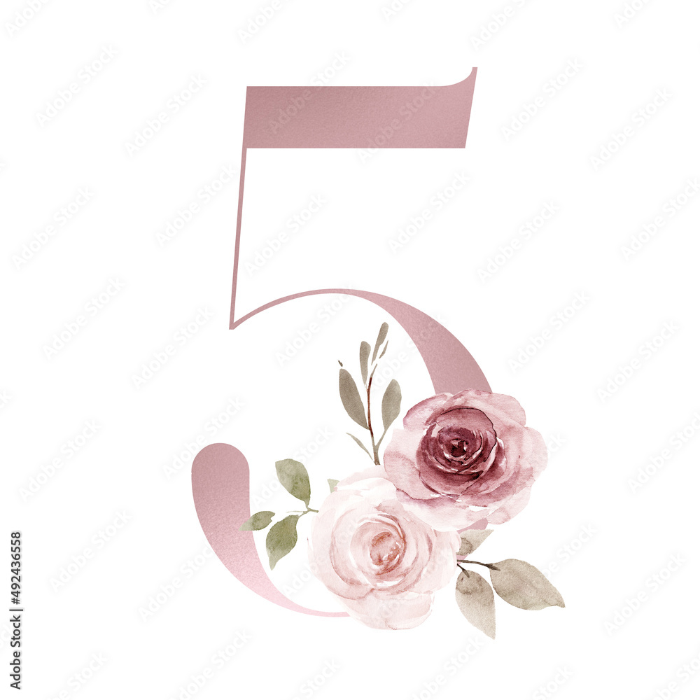 Pink number 5 with watercolor flowers roses and leaf. Perfectly for ...