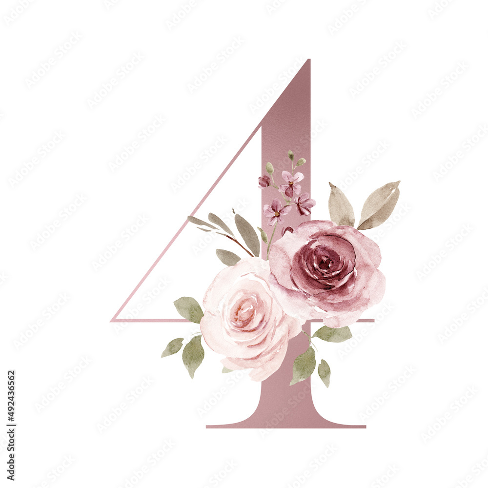 Pink number 4 with watercolor flowers roses and leaf. Perfectly for ...