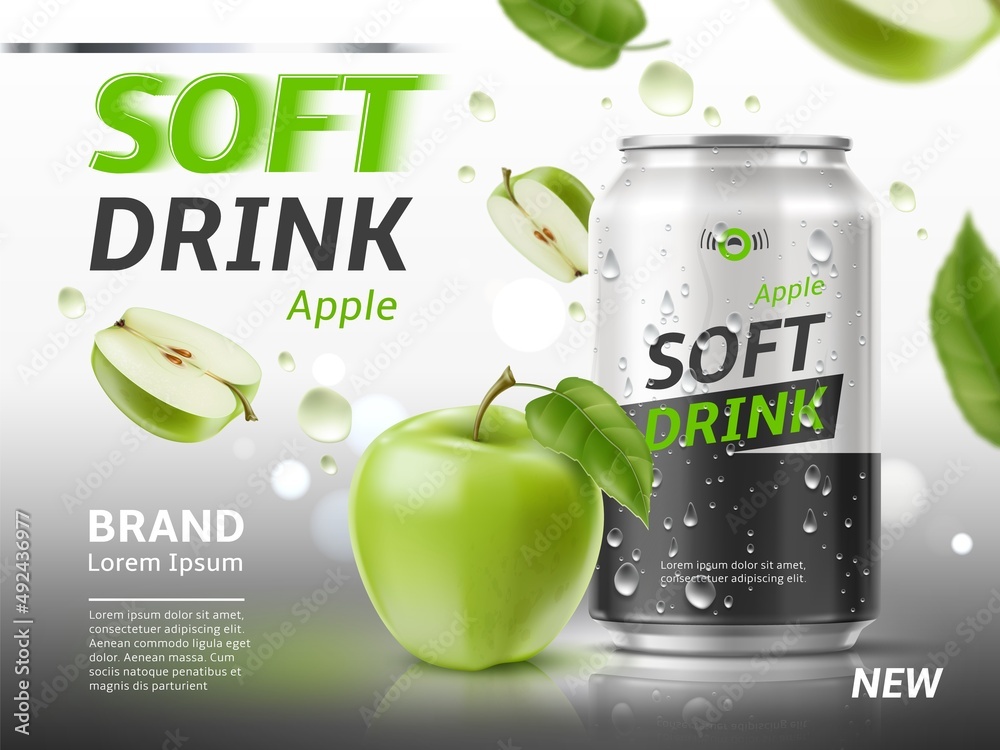 Apple soda in can banner. Realistic aluminium container with fruit ...