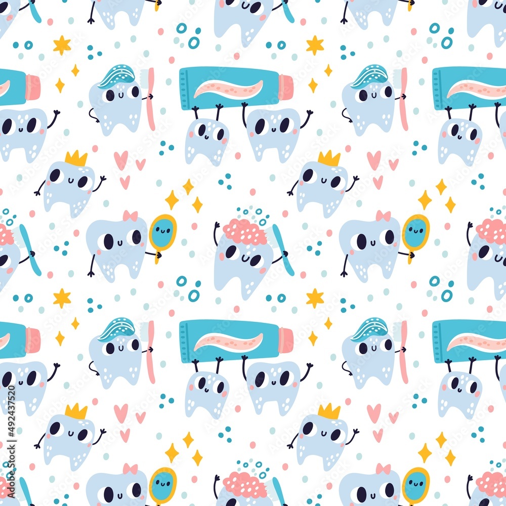 Cute teeth seamless pattern. Funny little dental characters with ...