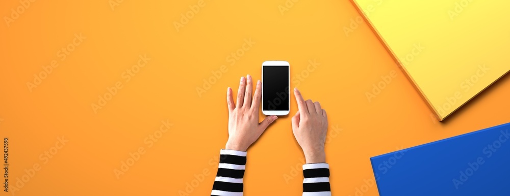 Person using a white smartphone from above with geometric shapes Stock ...