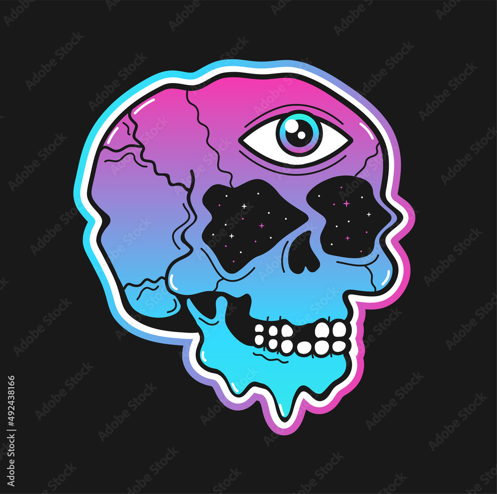 Psychedelic trippy skull with open third eye. Vector hand drawn doodle ...
