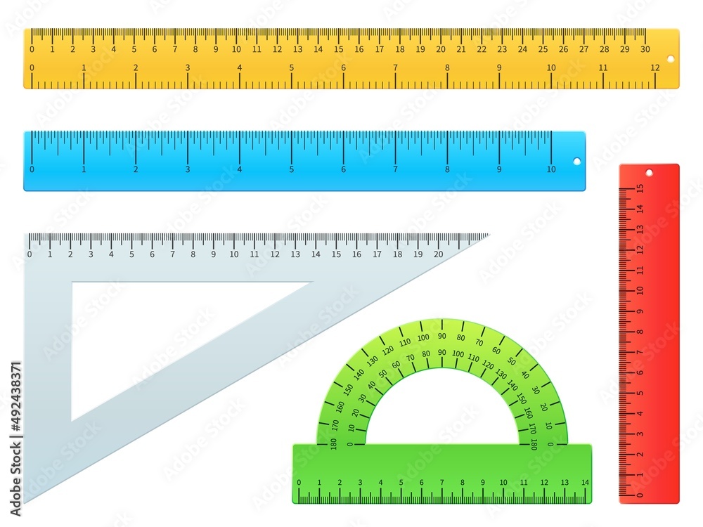 Realistic rulers. School accessories. Measuring length and angles ...